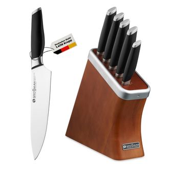 Greta Magnusson-Grossman Woodstock Messerblock 5-teilig - K&uuml;chenmesser Set mit schwarzen Griffen - deutsche Edelstahlklingen - Messerhalter aus Eschenholz in Lehmbraun - rutsc