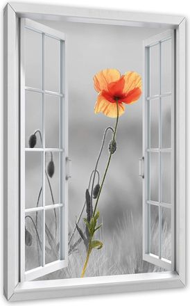 Pixxprint Rote Mohnblume im Feld, Fenster, Gr&ouml;&szlig;e: 60x40cm, Leinwandbild, fertig gespannt, Wandbild, Dekoration, Kunstdruck, kein Poster