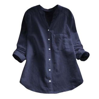 Generic Chemise blanche &agrave; manches longues en coton et lin pour femme, chemise de travail ample et respirante, col en V, tunique grande taille avec poches, s&eacute;c