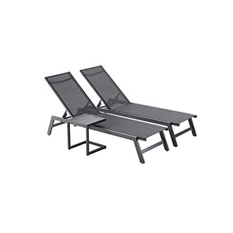 Concept Usine | Lot De 2 Transats Inclinables + Table dAppoint | Bain De Soleil dExt&eacute;rieur | Prato Noir | 2 roulettes | Aluminium Textil&egrave;ne Dossier R&eacute;glable | Jardi