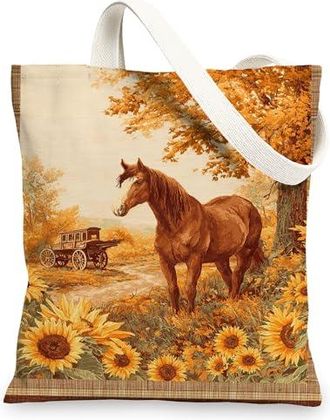 Generic Sacs fourre-tout en toile rustique, motif cheval vintage, sacs dépicerie réutilisables, légers et lavables, sacs en toile pour T, Orange, 13x15 Inch