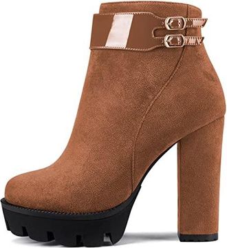 Castamere Femmes Bloc Chunky Plate-forme Haut High Talon Heel Fermé Rond Bout Bottines Fermeture à Glissière Classique Bottes Marron A 38 EU