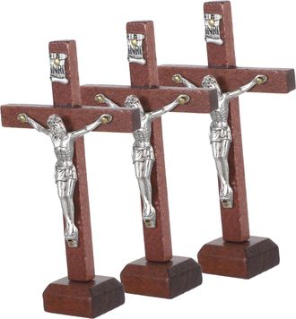Cabilock 3 Stück Holz Kreuz Teiliges mit Sockel Stehend Braunes Hölzernes Kruzifix für Katholische Wohnraum und Kirchenaltar Dekoration Vielseitig als Tauf und