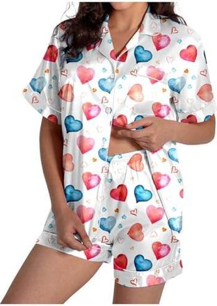Generic Ensemble de pyjama &agrave; manches courtes avec col en V imprim&eacute; et poche boutonn&eacute;e pour la Saint-Valentin 2026 (3), blanc, XXL