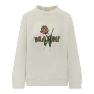 Marni Femme, Sweatshirts et sweats &agrave; capuche, Blanc, Taille: 36 FR SweaT-shirt en coton avec imprim&eacute; tulipe