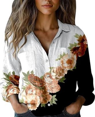 Generico Chemise Femme D&eacute;contract&eacute; &agrave; Manches Longues Chemises en Lin Coton &Eacute;l&eacute;gant Respirant T Shirt Col en V L&eacute;ger Chemisier Vintage Fantaisie avec Boutons Cl