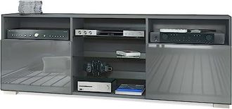 Vladon Meuble TV Granada, Lowboard avec 2 Portes et 6 Compartiments Ouverts, Corps Anthracite Mat, façades en Gris Haute Brillance (146 x 54 x 35 cm)