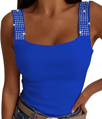 Generic D&eacute;bardeur pour femme - En coton - D&eacute;contract&eacute; - &Eacute;l&eacute;gant - Avec strass - A&eacute;r&eacute; - Camisole - Sans manches - &Eacute;lastique - Sans manches - Y2K - L&eacute;ger - Coup