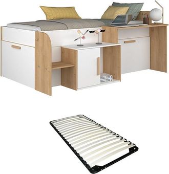 Vente-Unique Kombibett 90 x 200 cm mit Schreibtisch und Stauraum - Weiß und Naturfarben + Lattenrost - Pedro