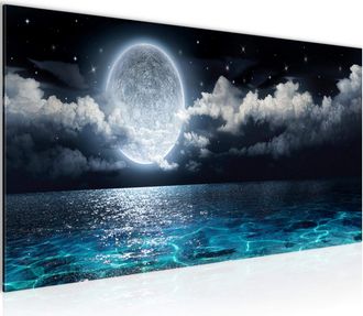 Runa Art Wandbild Vollmond Meer 1 Teilig 100 x 40 cm Modern Bild auf Vlies Leinwand Nachthimmel Mond Wohnzimmer Schlafzimmer Blau 025312a