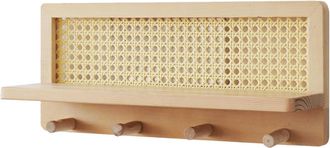 Generic Rattan -Wandregal | Hangable hölzerne Boho -Regale Wandhaken - Boho Bauernhausdekoration, rustikaler Wandorganisator mit Haken für Küche, Badezimmer, 