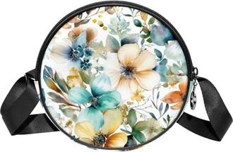 Generic Petit sac &agrave; bandouli&egrave;re circulaire pour femme, motif feuilles florales, sac &agrave; dos avec fermeture &eacute;clair, bretelles r&eacute;glables, sac &agrave; main rond d&eacute;contra