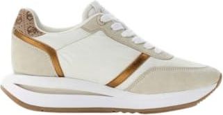 Guess Guess Chaussures de sport pour femme, blanc et beige avec d&eacute;tails dor&eacute;s, semelle blanche, style d&eacute;contract&eacute; r&eacute;tro, beige, 38 EU