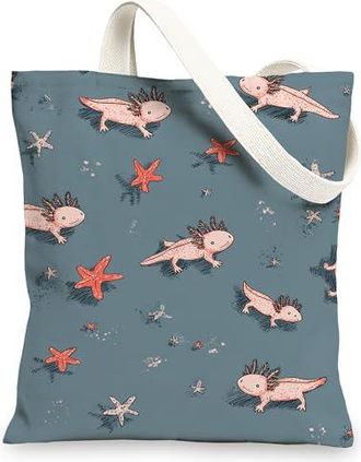 Generic Sac fourre-tout en toile Axolotl mignon, adorable motif créatures aquatiques, sacs de courses réutilisables, style dessin animé amusant et léger, bleu