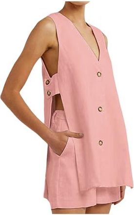 Generic Ensemble d&eacute;t&eacute; surdimensionn&eacute; en lin respirant d&eacute;contract&eacute; avec col en V boutonn&eacute; et short &agrave; taille &eacute;lastique avec poche pour sortir, rose, XXL