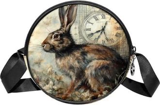 Generic Sac &agrave; bandouli&egrave;re rond pour femme, motif lapin vintage, sac &agrave; dos &agrave; bandouli&egrave;re avec fermeture &eacute;clair, bretelles r&eacute;glables, sac &agrave; main rond d&eacute;contract