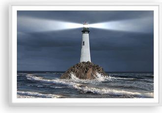 Arttor Poster Wei&szlig;rahmen Leuchtturm Meer Deko 91x61cm Wandposter Art Prints Wandbilder Dekoration Wohnzimmer Schlafzimmer K&uuml;che Wanddeko Bild Wand Kunstdruck