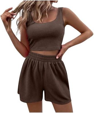Generic Tenues d&eacute;t&eacute; deux pi&egrave;ces pour femme - Ensemble short sans manches assorti - Haut court et short taille haute - Essentiel pour les vacances d&eacute;t&eacute;, caf&eacute;, 