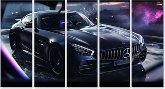 Islandburner Bild auf Leinwand Schwarzer AMG bei Nacht mit lila Nebel f&uuml;r Wohnzimmer Autofans Autohaus Bilder Wandbilder Poster