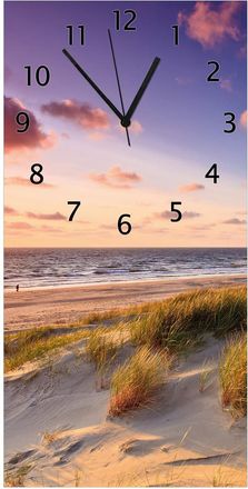 Wallario Design-Wanduhr Abendspaziergang am Strand - Sonnenuntergang &uuml;ber dem Meer aus Glas, Motiv-Uhr Gr&ouml;&szlig;e 30 x 60 cm, Schwarze Zeiger