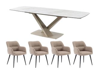 Vente-Unique Set Tisch MALATA + 4 St&uuml;hle HEKA - Marmor-Optik - Wei&szlig; & Beige