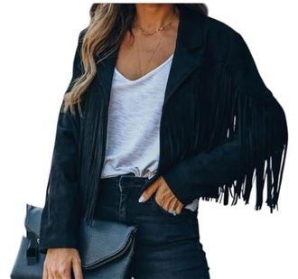 Generic Veste courte en daim synth&eacute;tique &agrave; franges pour femme, veste de concert cowgirl &agrave; pompons, manteau de style campagnard, Noir, XL