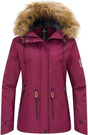 Wantdo Femme Manteau dhiver Imperméable Snowboard Grande Taille Parka Randonnée Veste de Pluie Outdoor Blouson de Ski Décontracté Coupe-Vent Rouge Vineux S