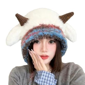 Generic Chapeau danimal en peluche - Casque doux et extensible | Chapeau tricot&eacute; avec oreilles de mouton | Pour femmes, filles, femmes, adolescents, adultes, 