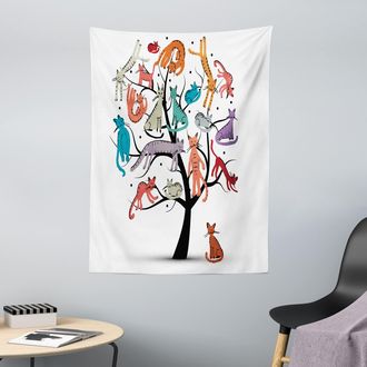 Abakuhaus Cartoon Wandteppich, Kratzbaum Verschiedene Kätzchen auf den Ästen Kleine Pfoten Fröhliches Kunstwerk, aus Weiches Mikrofaser Stoff Wand Dekoration Fü