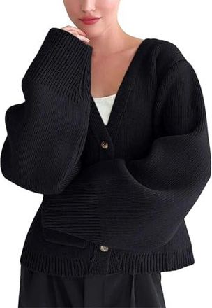 Generic Cardigan en tricot &agrave; manches longues et col en V pour femme, noir, Taille M