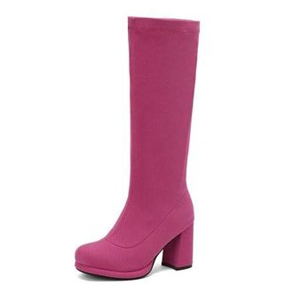 Generic Bottes dhiver en tricot &agrave; talon bloc et bout rond pour femme - Confortables et polyvalentes, rose rouge, 38.5 EU