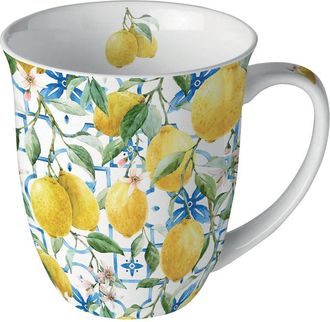 Ambiente Tasse 10cm Porzellan mit Zitronen Motiv - 0,4L Keramiktasse Porzellangeschirr - Kaffeetasse Teetasse Kakaotasse - Sommergeschirr Tassen & Becher - Por