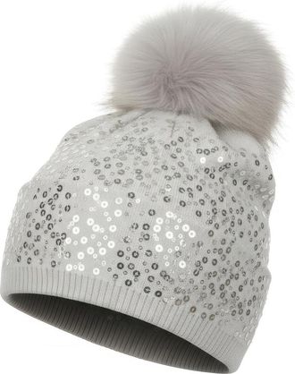styleBREAKER Feinstrick Bommelm&uuml;tze mit Pailletten und abnehmbarem Kunstfell Bommel, Fellbommel M&uuml;tze, Damen 04024134, Farbe:Hellgrau