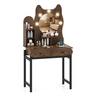 Giantex Schminktisch mit 5 Beleuchtung in 3 Farben, 80 x 50 x 150 cm Frisiertisch in Katzenform mit Spiegel, 2 Schubladen, 3 Regalen, integrierter Steckdose u