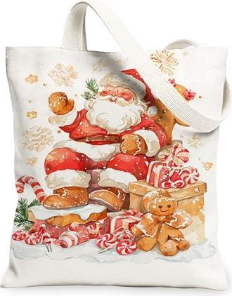 Generic Sacs fourre-tout en toile motif P&egrave;re No&euml;l festif, sacs de courses r&eacute;utilisables, l&eacute;gers et lavables pour cadeaux de No&euml;l et &eacute;v&eacute;nements 33 x 38 cm