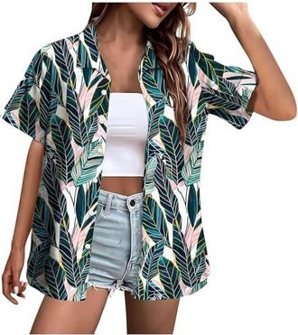 Generic Chemise hawa&iuml;enne tropicale &agrave; manches courtes pour femme - Chemise de plage hawa&iuml;enne avec palmier des Cara&iuml;bes - Chemise de croisi&egrave;re, revers d&eacute;t&eacute;, c