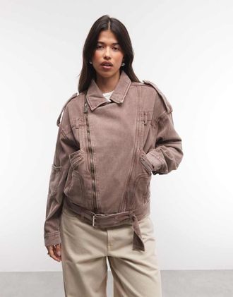 Liquor & Poker Oversize-Jeans-Bikerjacke mit Rei&szlig;verschluss in verwaschenem Braun-Neutral