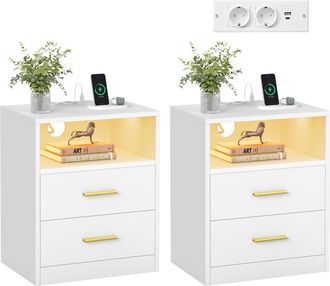 Vasagle Custos Kollektion - Nachttisch mit Ladestation, 2er Set, LED-Beleuchtung, Beistelltisch, modern, mit Schubladen, 2 AC-Steckdosen und USB-Anschl&uuml;ssen, 