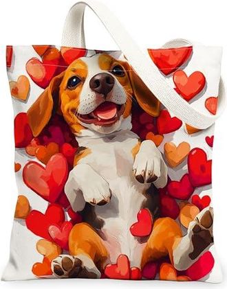Generic Sac fourre-tout en toile motif chien beagle pour faire du shopping, 33 x 38,1 cm, sac &agrave; bandouli&egrave;re r&eacute;utilisable pour la Saint-Valentin, sac d&eacute;picerie