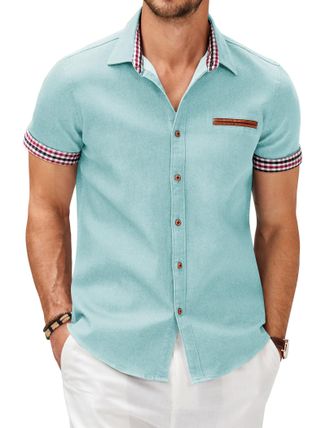Coofandy Hemd Herren Kurzarm Jeanshemd Herren Slim Fit Freizeithemd Sommerhemd Baumwolle Kurzarmhemden M&auml;nner Westernhemden Business Casual T-Shirt Himmelblau 