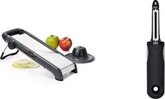 Oxo Good Grips Profi Obst- und Gemüsehobel 2.0 mit Klingen aus japanischem Edelstahl, grau & Good Grips Pendelschäler/Sparschäler mit Zubehör, Schwarz