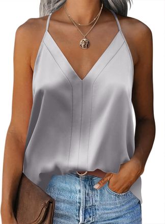 Zeagoo Cami Top Satin Damen Seidentop V Ausschnitt Oberteil Spaghettiträger Top Sexy Sommer Ärmellose Tshirt Oberteile Grau L