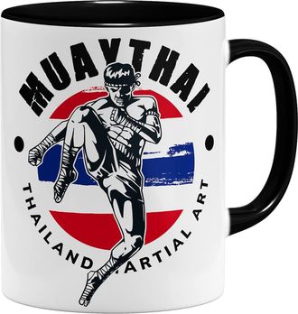 OM3 Muay-Thai Fighter Tasse Tailand Martial Arts Fight Boxing Club - Keramik Becher - 11oz 325ml - Beidseitig Bedruckt - Schwarz