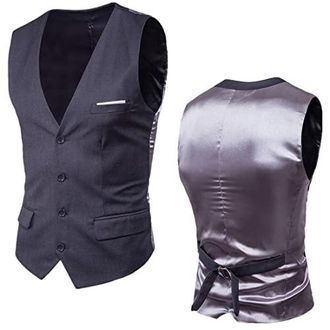 ORANDESIGNE Gilet Costume Homme Carreaux Veste sans Manche Casual Mariage Formal Business Veste en Laine Gilets en Satin A Gris Fonc&eacute; M