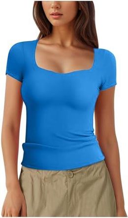 Generic Crop Top Femme Moulant, Haut à Encolure CarréE-Tunique Femme Manches Courtes Chic Et élégant Tee Shirt Couleur Pure Classique DéContracté Chemise Ajus