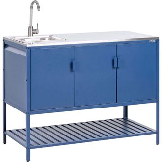 Beliani Outdoor-K&uuml;chenschrank mit Sp&uuml;le MAENZA Metall Blau