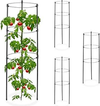 Relaxdays Rankhilfe 4er Set, Metall & Kunststoff, 60 cm hoch, 3 verstellbare Ringe, Rankst&uuml;tze Kletterpflanzen, schwarz