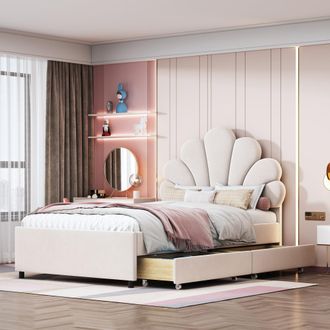 Myboo Kinderbett Polsterbett 90x200, Einzelbett mit 2 Schubladen Stauraum&höhenverstellbar Kopfteil in Blumenform&Lattenrost, Bett Stauraumbett Mädchenbett 