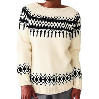 Generic Womens Retro Art Printed Comfortable Casual Knitted Round Neck Pullover Robe Plaid (White, XL) Pull Femme Chic Et Elegant Pulls pour Femmes Pulls, Gil