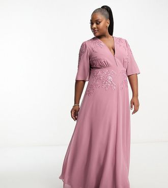 Hope & Ivy Robe longue &agrave; d&eacute;collet&eacute; plongeant et ornements - Mauve-Rose